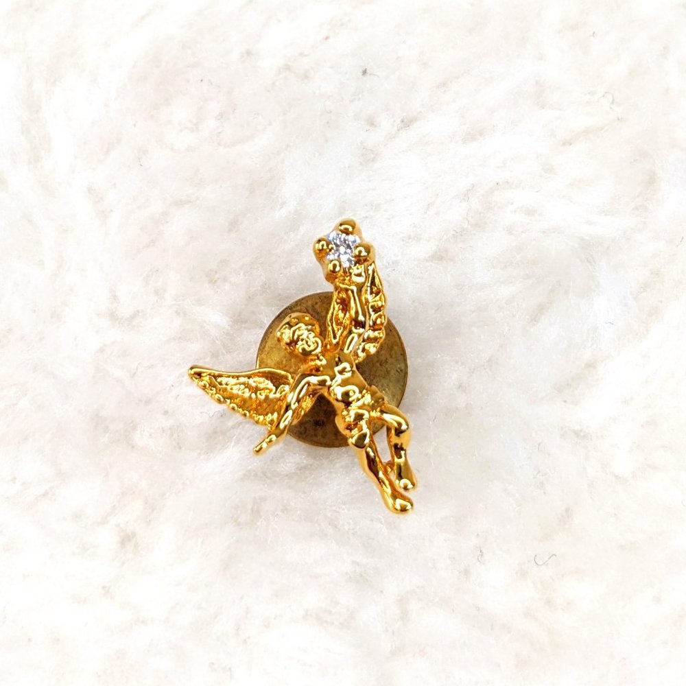 Vintage Tiny Gold Guardian Angel Pin, Holding A Tiny … - Gem